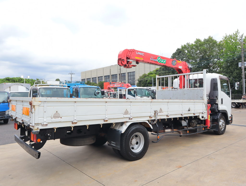 【PZC-5486】H24.7いすゞのフォワード 4t標準ユニック製4段クレーン 2.93t吊り ラジコン フックイン ベッドレス｜中古トラックならゲットラック