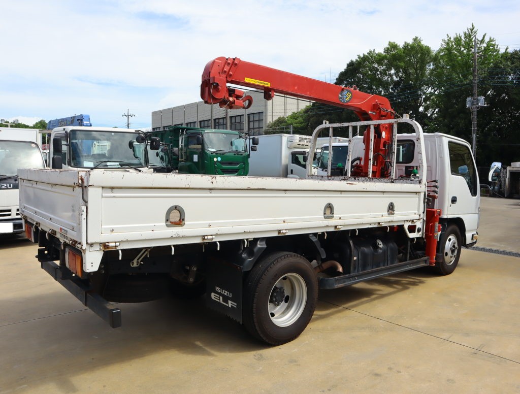 【PZC-9627】H23.8いすゞのエルフ 2t標準ロングユニック製3段クレーン 2.63t吊り ラジコン フックイン 高床｜中古トラックならゲットラック