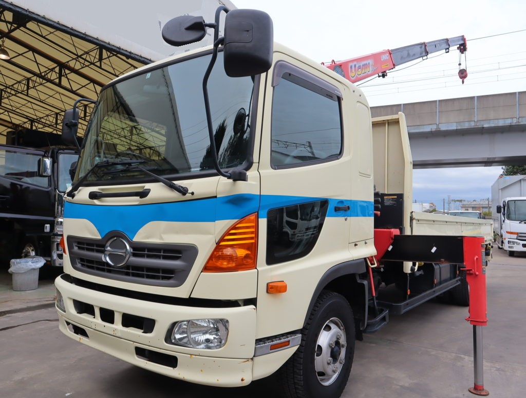 【PZC-8240】H27.12日野のレンジャー 4t標準ユニック製4段クレーン 2.93t吊り ラジコン フックイン ベッド付｜中古トラックならゲットラック