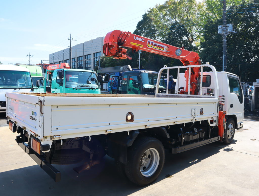 【PZC-4939】H28.7いすゞのエルフ 2t標準ロングユニック製4段クレーン 2.63t吊り ラジコン フックイン 高床｜中古トラックならゲットラック